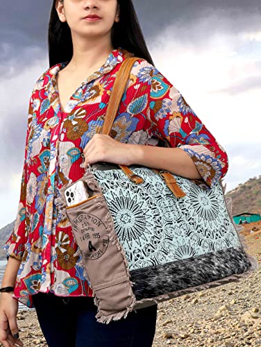 CLA Large Canvas Bag, Multicolor, Cowhide Hair On Leather With Upcycle Canvas Handbag for Women