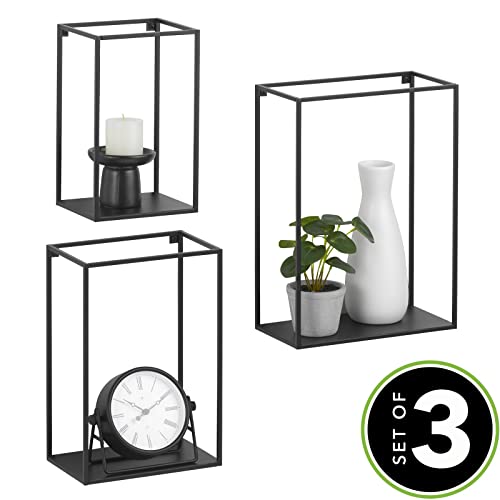 mDesign Floating Wall Mounted Frames, Decorative Steel Metal Geometric Vertical Display for Photos, Plants, Nesting Cube Shadow Shelf Box for Living Room, Bedroom, Bathroom, Set of 3, Matte Black