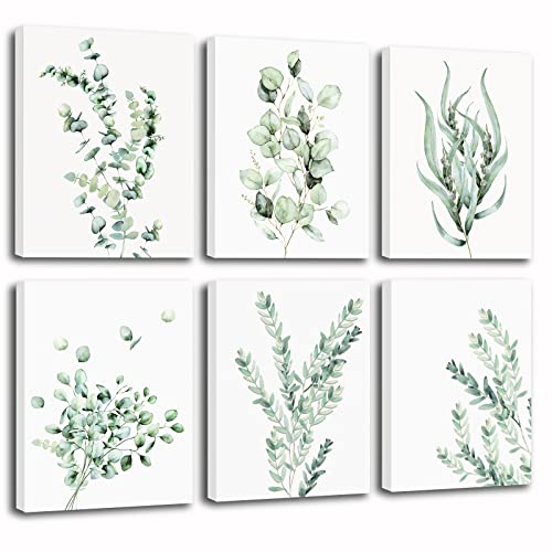 BINCUE Framed Botanical Plant Canvas Wall Art 6 Pieces Prints Green Sage Plants Minimalist Decor for Bathroom 12 x 16 Inch