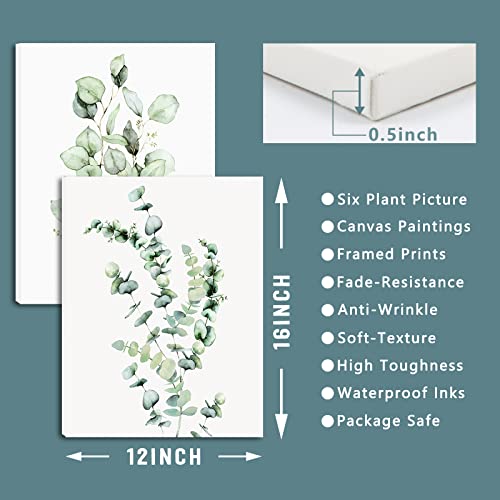 BINCUE Framed Botanical Plant Canvas Wall Art 6 Pieces Prints Green Sage Plants Minimalist Decor for Bathroom 12 x 16 Inch