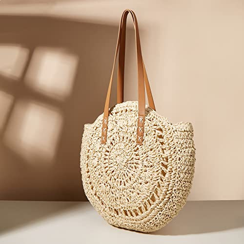 Straw Bag Women Handmade Shoulder Handbag Large Beach Bag Handwoven Round Tote Beige