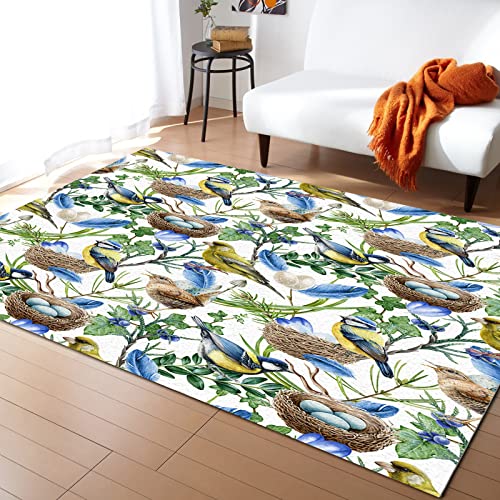 Leaves Birds Area Rug 3'x5',Blue Green Branch Plant Fruit Feather Egg Outdoor Indoor Small Carpet Runner for Kids Teen Girls Boys Bedroom,Living Room,Bathroom,Office,Kitchen,Washable Area+Rug