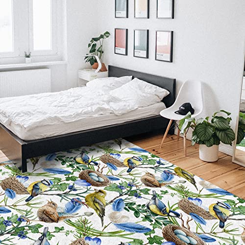 Leaves Birds Area Rug 3'x5',Blue Green Branch Plant Fruit Feather Egg Outdoor Indoor Small Carpet Runner for Kids Teen Girls Boys Bedroom,Living Room,Bathroom,Office,Kitchen,Washable Area+Rug