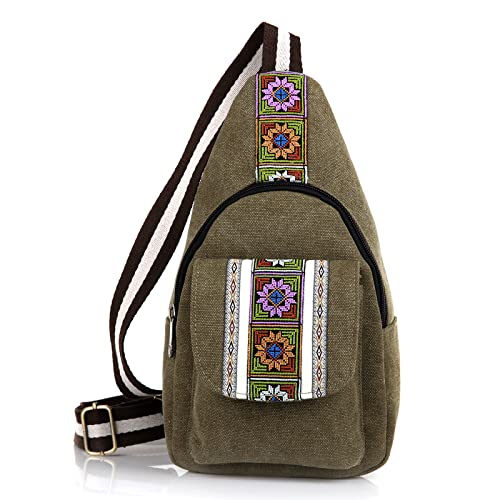 Canvas Messenger Bag,Embroidered Sling Bag,Casual Shoulder Bag,Crossbody Bags For Women,Retro Burglar Travel Backpack (Army Green)