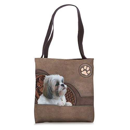 Cute Shih Tzu Heart Floral-Leather-Dog Paw Tote Bag