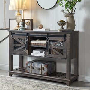 okd entryway table w/sliding barn doors, 46” farmhouse & industrial console table with storage, rustic sofa table w/adjustable shelf & open shelf for entry way, hallway, living room, dark rustic oak