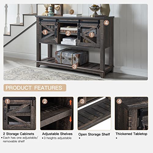 OKD Entryway Table w/Sliding Barn Doors, 46'' Farmhouse & Industrial Console Table with Storage, Rustic Sofa Table w/Adjustable Shelf & Open Shelf for Entry Way, Hallway, Living Room, Dark Rustic Oak