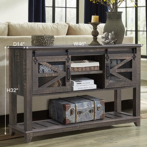 OKD Entryway Table w/Sliding Barn Doors, 46'' Farmhouse & Industrial Console Table with Storage, Rustic Sofa Table w/Adjustable Shelf & Open Shelf for Entry Way, Hallway, Living Room, Dark Rustic Oak