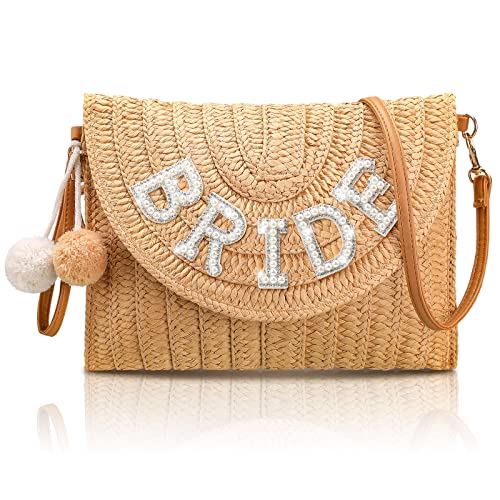 Pinkunn Bride Straw Shoulder Bag For Women Straw Clutch Bag Pearl Rhinestone Wedding Summer Beach Vacation Bridal Shower Gift (Bride Style)