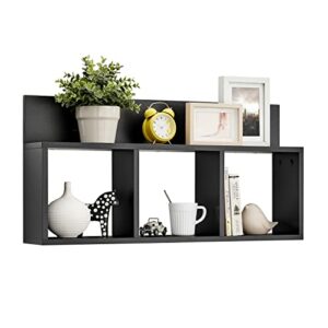 Danya B. Modern 3 Cube Floating Wall Shelf with Display Ledge - Easy to Hang Wall Mounted Triple Cubby Shelf (Black)