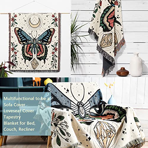 Shesyuki Boho Throw Blanket Reversible Cotton Bohemian Tapestry Hippie Room Decor Outdoor Blanket Double Sided (Month Moth White, 50"x60")