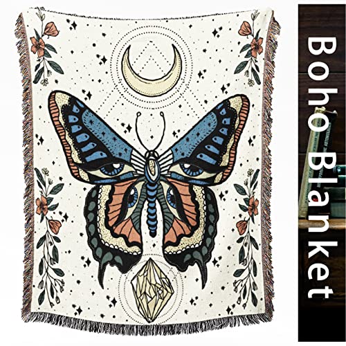 Shesyuki Boho Throw Blanket Reversible Cotton Bohemian Tapestry Hippie Room Decor Outdoor Blanket Double Sided (Month Moth White, 50"x60")