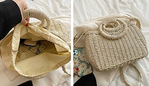 Handmade Woven Straw Handbag Women Summer Trendy Beach Travel Tote Bag Purse