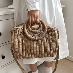 Handmade Woven Straw Handbag Women Summer Trendy Beach Travel Tote Bag Purse