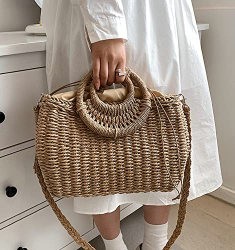 Handmade Woven Straw Handbag Women Summer Trendy Beach Travel Tote Bag Purse