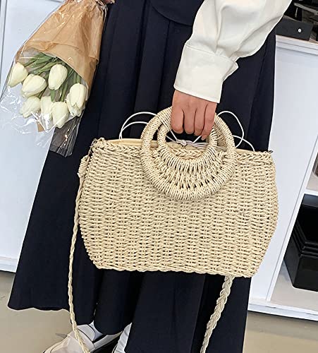 Handmade Woven Straw Handbag Women Summer Trendy Beach Travel Tote Bag Purse