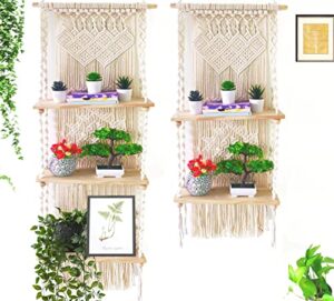 induslyfe tier 3 tier 2 macrame wall hanging shelf rack for hanging wall decor boho shelf wall decor plant shelf, boho white hanging shelf woven rope for bedroom, book