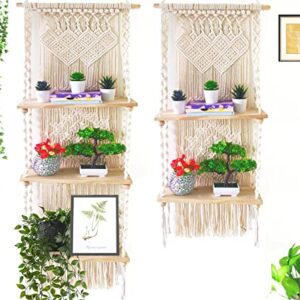 Induslyfe Tier 3 Tier 2 Macrame Wall Hanging Shelf Rack for Hanging Wall Decor Boho Shelf Wall Decor Plant Shelf, Boho White Hanging Shelf Woven Rope for Bedroom, Book