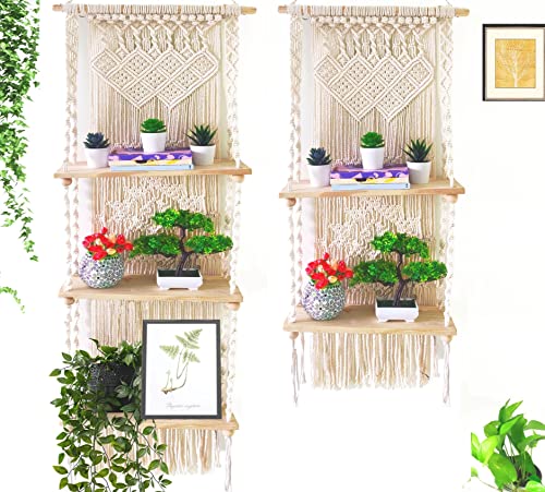 Induslyfe Tier 3 Tier 2 Macrame Wall Hanging Shelf Rack for Hanging Wall Decor Boho Shelf Wall Decor Plant Shelf, Boho White Hanging Shelf Woven Rope for Bedroom, Book