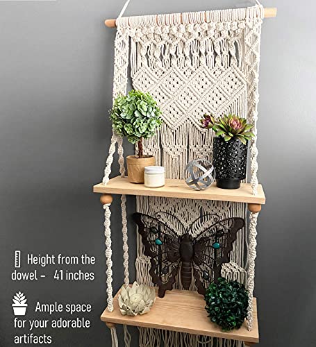 Induslyfe Tier 3 Tier 2 Macrame Wall Hanging Shelf Rack for Hanging Wall Decor Boho Shelf Wall Decor Plant Shelf, Boho White Hanging Shelf Woven Rope for Bedroom, Book