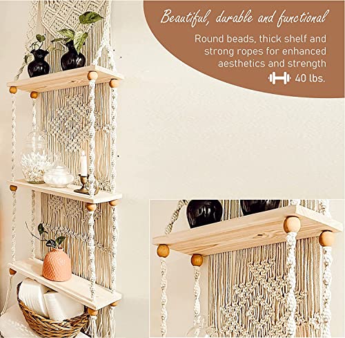 Induslyfe Tier 3 Tier 2 Macrame Wall Hanging Shelf Rack for Hanging Wall Decor Boho Shelf Wall Decor Plant Shelf, Boho White Hanging Shelf Woven Rope for Bedroom, Book