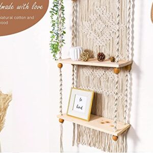 Induslyfe Tier 3 Tier 2 Macrame Wall Hanging Shelf Rack for Hanging Wall Decor Boho Shelf Wall Decor Plant Shelf, Boho White Hanging Shelf Woven Rope for Bedroom, Book