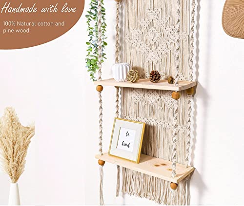 Induslyfe Tier 3 Tier 2 Macrame Wall Hanging Shelf Rack for Hanging Wall Decor Boho Shelf Wall Decor Plant Shelf, Boho White Hanging Shelf Woven Rope for Bedroom, Book