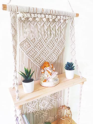 Induslyfe Tier 3 Tier 2 Macrame Wall Hanging Shelf Rack for Hanging Wall Decor Boho Shelf Wall Decor Plant Shelf, Boho White Hanging Shelf Woven Rope for Bedroom, Book