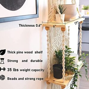 Induslyfe Tier 3 Tier 2 Macrame Wall Hanging Shelf Rack for Hanging Wall Decor Boho Shelf Wall Decor Plant Shelf, Boho White Hanging Shelf Woven Rope for Bedroom, Book