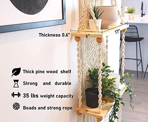 Induslyfe Tier 3 Tier 2 Macrame Wall Hanging Shelf Rack for Hanging Wall Decor Boho Shelf Wall Decor Plant Shelf, Boho White Hanging Shelf Woven Rope for Bedroom, Book