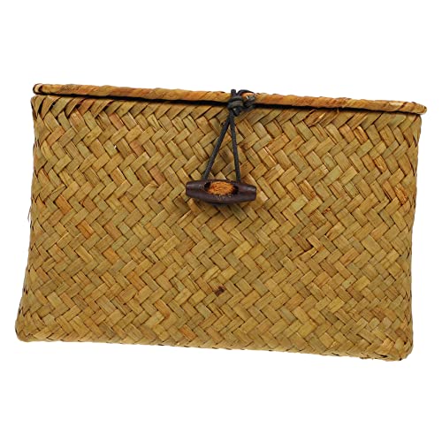 FAVOMOTO Straw Storage Basket Woven Basket with Lid Woven Storage Baskets Snack Container Hand- Woven Shelf Organizer Rattan Desktop Storage Bin Cosmetics Storage Basket Storage Box Child