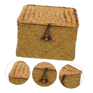 FAVOMOTO Straw Storage Basket Woven Basket with Lid Woven Storage Baskets Snack Container Hand- Woven Shelf Organizer Rattan Desktop Storage Bin Cosmetics Storage Basket Storage Box Child