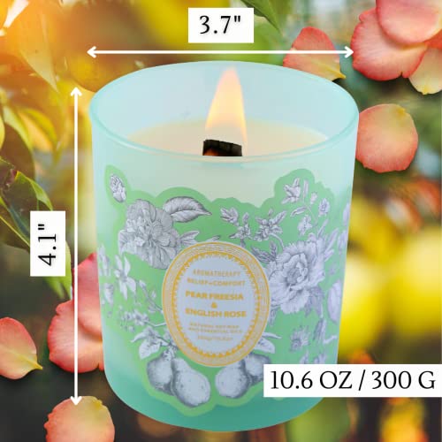 Pear Freesia & English Rose Scented Candle with Apple, Orange Blossom | Highly Scented Natural Soy Candles for Home | Wood Wick Candles for Men & Women | Large Aromatherapy Spring Candle Gifts 10.6 oz