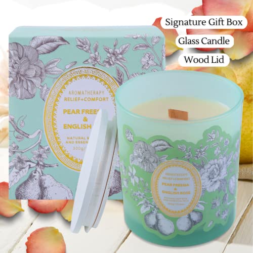 Pear Freesia & English Rose Scented Candle with Apple, Orange Blossom | Highly Scented Natural Soy Candles for Home | Wood Wick Candles for Men & Women | Large Aromatherapy Spring Candle Gifts 10.6 oz