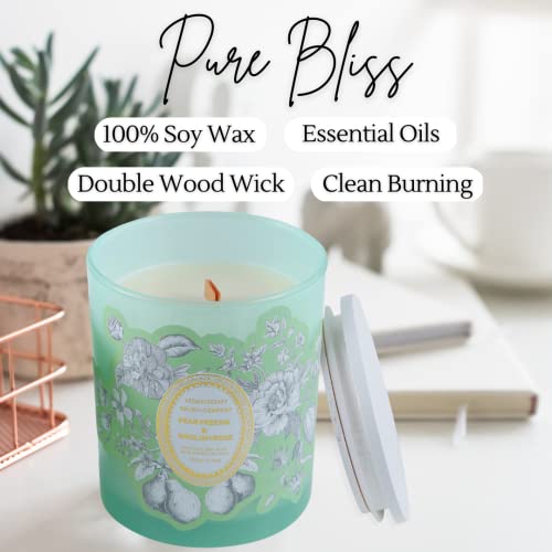 Pear Freesia & English Rose Scented Candle with Apple, Orange Blossom | Highly Scented Natural Soy Candles for Home | Wood Wick Candles for Men & Women | Large Aromatherapy Spring Candle Gifts 10.6 oz