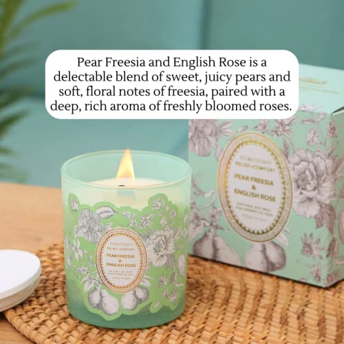 Pear Freesia & English Rose Scented Candle with Apple, Orange Blossom | Highly Scented Natural Soy Candles for Home | Wood Wick Candles for Men & Women | Large Aromatherapy Spring Candle Gifts 10.6 oz