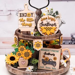 Sunflower Decor - Farmhouse Sunflower Decorations - Rustic Sunflower Tiered Tray Decor - Spring Summer Fall Wooden Signs for Home Kitchen Bathroom Table Bedroom Room Indoor (Tray Not Included)