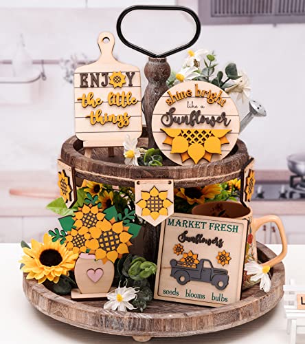 Sunflower Decor - Farmhouse Sunflower Decorations - Rustic Sunflower Tiered Tray Decor - Spring Summer Fall Wooden Signs for Home Kitchen Bathroom Table Bedroom Room Indoor (Tray Not Included)