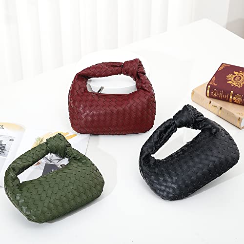 Knotted Woven Handbag For Women Soft Pu Leather Woven Shoulder Bag Fashion Designer Ladies Hobo Bag (Green)