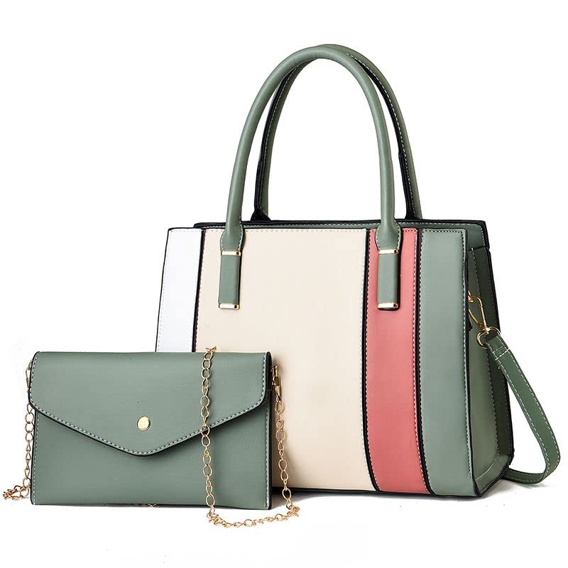 Italian Design Quality Leather Ladies Handbag and Purse Tote Top Handle 2 in1 Set bags (Green Pink)