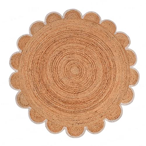 4x4, 5x5, 6x6,feet Natural Jute Scallop Round Rug, Floor Scalloped Edge Rug Braided Boho Eco Large Circular Handmade Area Rugs (White, 6x6 Ft Round Rug)