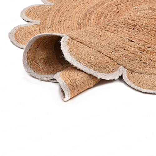 4x4, 5x5, 6x6,feet Natural Jute Scallop Round Rug, Floor Scalloped Edge Rug Braided Boho Eco Large Circular Handmade Area Rugs (White, 6x6 Ft Round Rug)