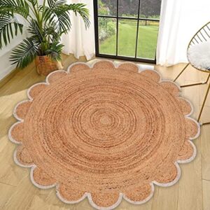 4x4, 5x5, 6x6,feet Natural Jute Scallop Round Rug, Floor Scalloped Edge Rug Braided Boho Eco Large Circular Handmade Area Rugs (White, 6x6 Ft Round Rug)