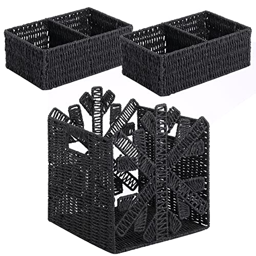 Vagusicc Wicker Storage Baskets, Set of 3 Hand-Woven Paper Rope Wicker Baskets for Shelves Storage with Handles, Snowflake Cube Storage Bins, 10.5 Inch Storage Baskets for Pantry Organizing, Black