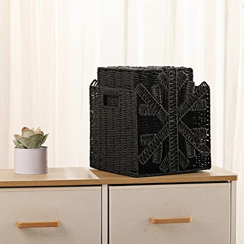 Vagusicc Wicker Storage Baskets, Set of 3 Hand-Woven Paper Rope Wicker Baskets for Shelves Storage with Handles, Snowflake Cube Storage Bins, 10.5 Inch Storage Baskets for Pantry Organizing, Black