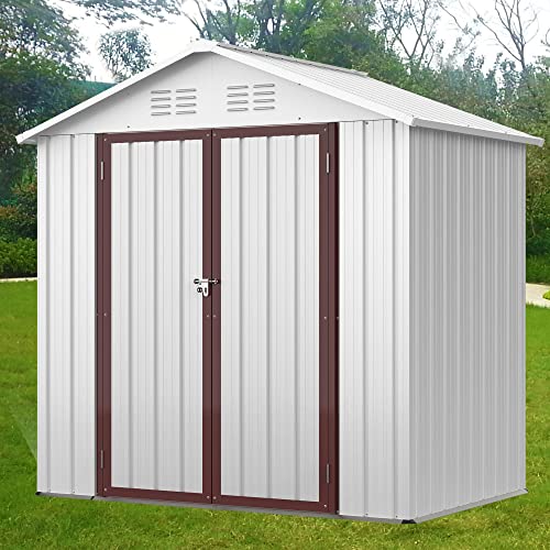 Hootata 6' × 4' Metal Outdoor Storage Shed with Door & Lock, Galvanized Waterproof Garden Storage Tool Shed with Base Frame for Backyard Patio,White-Chocolate