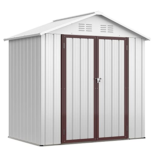 Hootata 6' × 4' Metal Outdoor Storage Shed with Door & Lock, Galvanized Waterproof Garden Storage Tool Shed with Base Frame for Backyard Patio,White-Chocolate