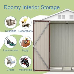 Hootata 6' × 4' Metal Outdoor Storage Shed with Door & Lock, Galvanized Waterproof Garden Storage Tool Shed with Base Frame for Backyard Patio,White-Chocolate