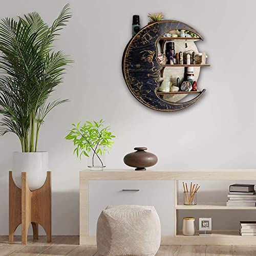 Mukorolee Moon Crystal Shelf, Antique Wooden Floating Shelves for Wall Decor, Wall-Mounted Crystal Shelf Display for Stones & Essential Oils Witchy Room Decor (White)