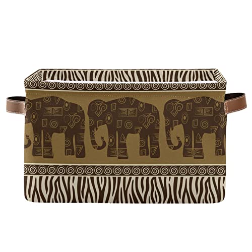 Gougeta Foldable Storage Basket with Handle, African Elephants and Zebra Rectangular Canvas Organizer Bins for Home Office Closet Clothes Toys 1 Pack